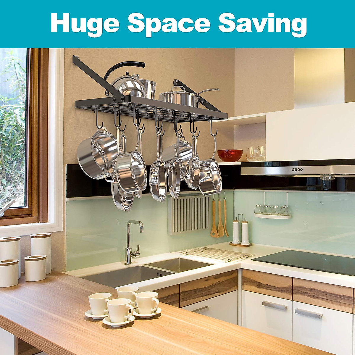 Vdomus Hanging Pot Rack, Wall Mounted Pots and Pans Holder 29.3 by 13 Inch, Kitchen Cookware Organizer for Pots and Pans Storage, 15 Moveable Hooks Square Grid, Silver