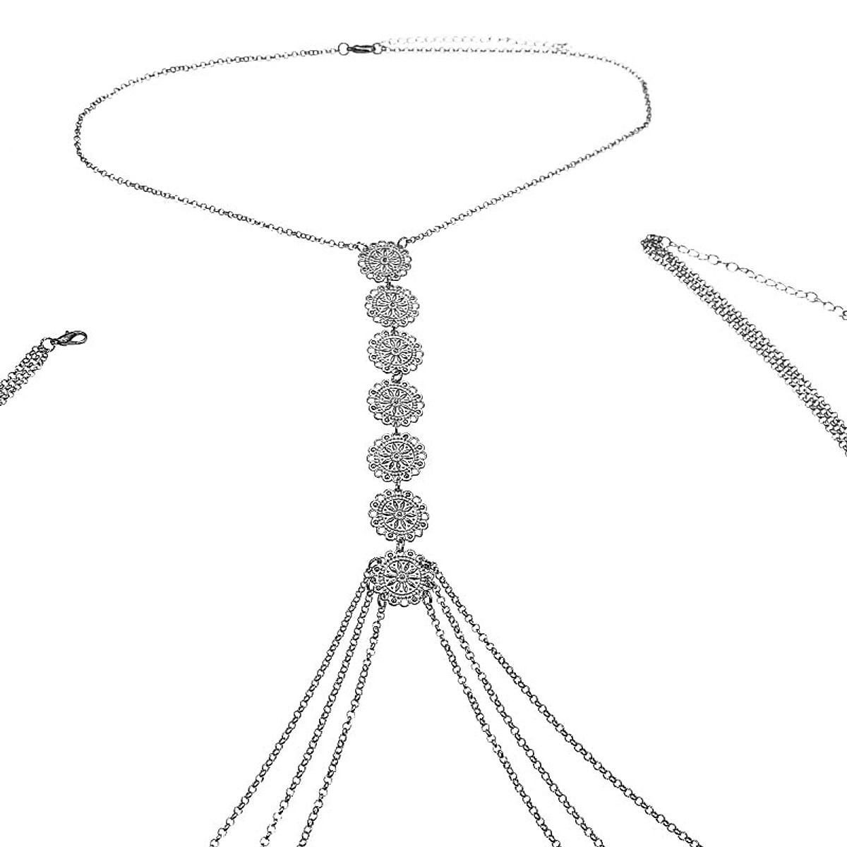 Vintage Fashion Simple Metal Chest Chain Carved Flower Plate Beach Bra Chain Back Chain Necklace Women's Party Holiday Jewelry (silvery)
