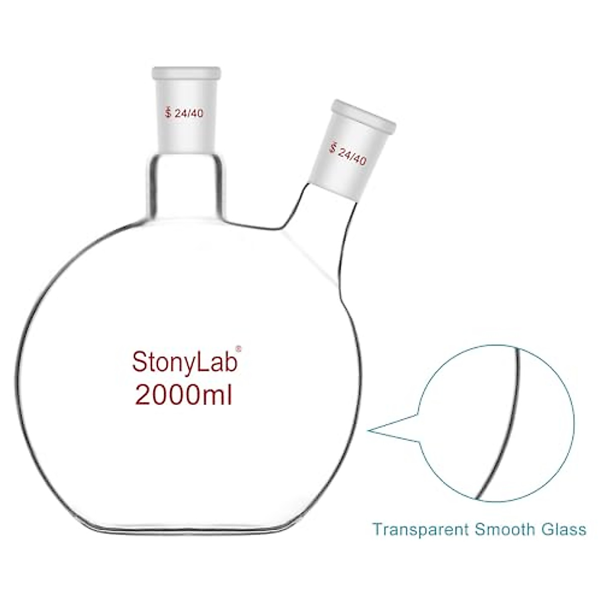 stonylab Flat Bottom Flask FBF, Heavy Wall 2-Neck Lab Flask Borosilicate Glass Flat Bottom Boiling Flask with 24/40 Standard Joint, 2000 ml (2 L)