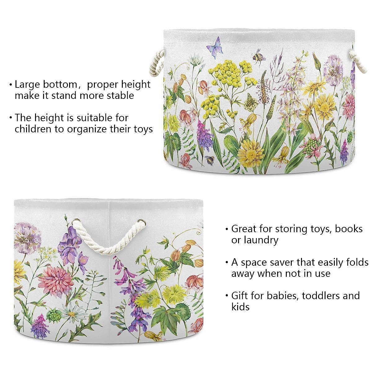 linqin Large Collapsible Cotton Rope Basket Wildflower Floral Laundry Basket 20 x 14 Inches Storage Basket Organizer for Toys, Pillows, Cushions in Living Room, Home Decor