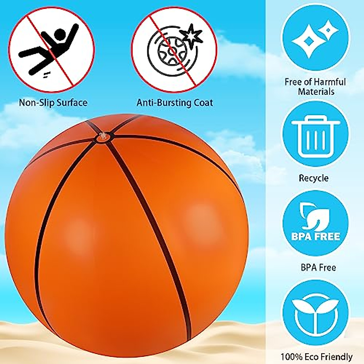 Meooeck 6 ft Giant Beach Balls Jumbo Inflatable Basketball for Pool Large Floating Ball Giant Inflatable Ball with Repair Patch for Sports Birthday Beach Pool Party Decorations Favors Summer Game Toy