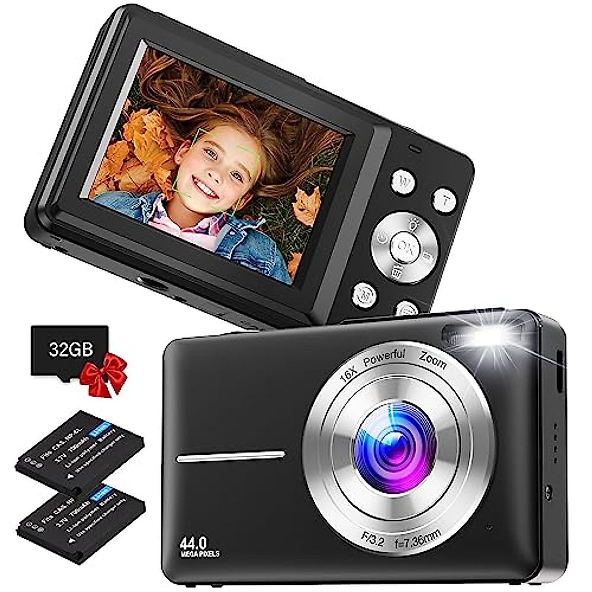 Digital Camera, Kids Camera with 32GB Card FHD 1080P 44MP Vlogging Camera for Photography with 16X Zoom, Compact Portable Point and Shoot Digital Cameras for Starters,Teens Boys Girls (Black)