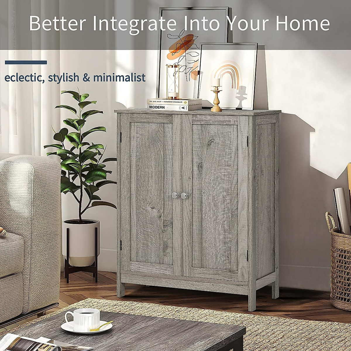 Iwell Storage Cabinet, Floor Storage Cabinet with 2 Adjustable Shelves & 2 Doors, Wooden Shoe Cabinet for Entryway, Office, Living Room, Gray