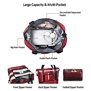 NWLR 2022 New Foldable Dry/Wet Separation Travel Duffel Bag with Shoe Compartment Large Capacity Folding Weekender Overnight Bag Lightweight Waterproof Gym Tote Bag (B-Red)