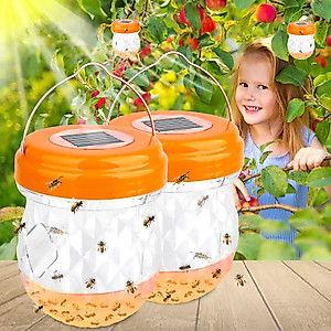 Wasp Traps Outdoor Hanging, Yellow Jacket Wasp Catcher for Trapping Hornet, Non-Toxic Reusable Wasp Catcher for Outdoors Trapping Wasp, Wasp Trap Solar Power Outdoor with LED Light,2P-Orange