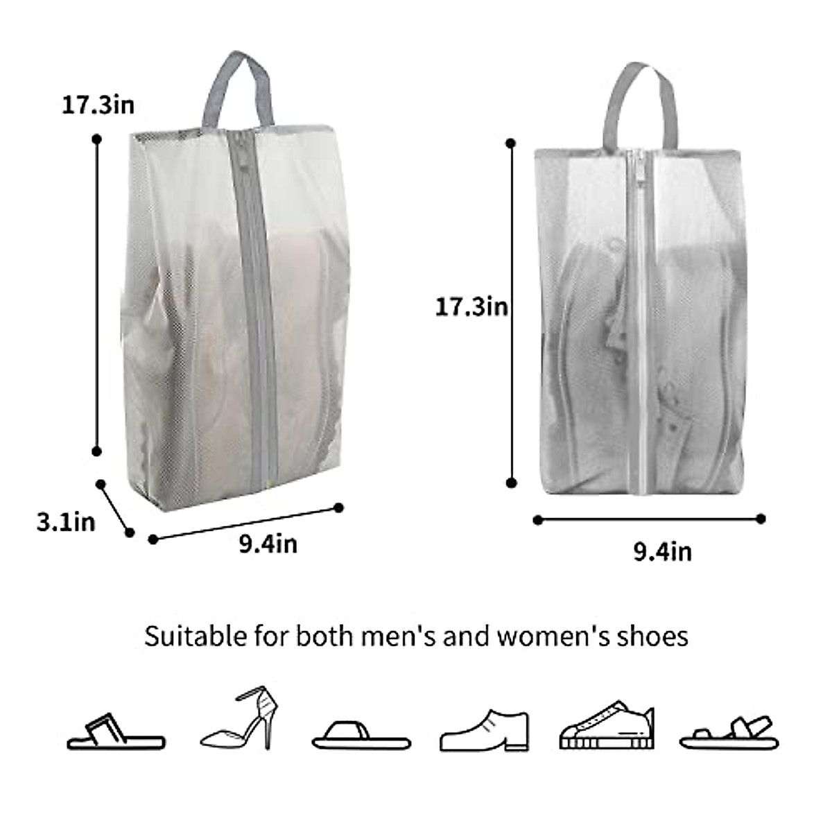 Creechwa Shoe Bags for Travel, Waterproof Shoe Storage Packing Organizer with Zipper and Handle, Translucent Shoe Pouch for Women and Men (Grey 3 PCS)