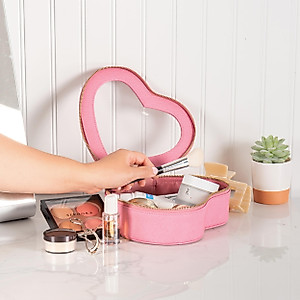 Aaly Beauty Heart Makeup Bag – Pink Heart Shaped Cosmetic Organizer with Clear Cover – Large Capacity for Full Size Makeup – Fits Daily Essential Skincare, Makeup and Brushes