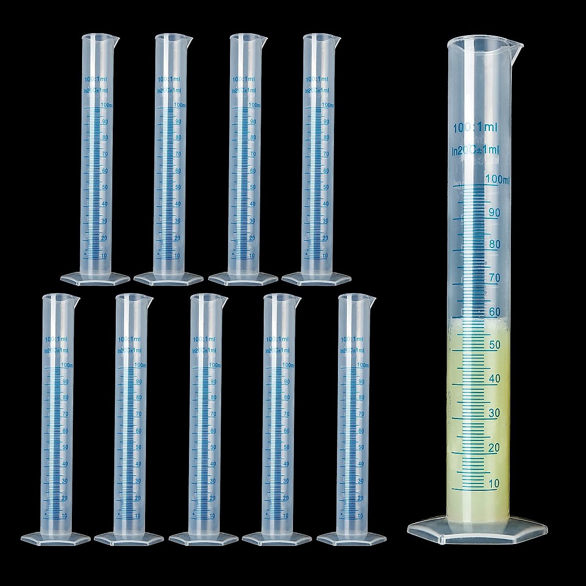 10Pack 100ml Plastic Graduated Cylinder, Transparent Measuring Cylinder Lab Test Tube Flask, 2 Sided Measuring Lines Graduated Cylinder Beaker for Science Lab Project, Pour Spout & Hexagonal Base