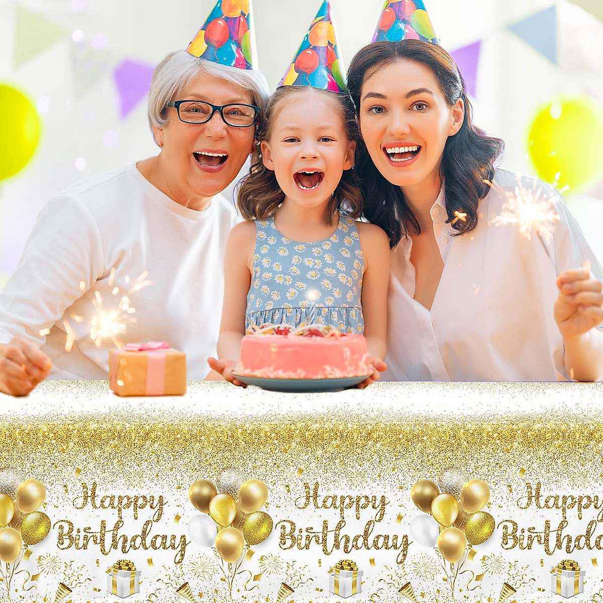 Happy Birthday Tablecloths,Gold and White Birthday Party Decorations 3pcs Gold Confetti Disposable Table Cover for Indoor or Outdoor Girls Boys Women Men’s 21st 30th 50th Birthday Party