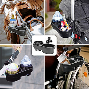 Universal Stroller Cup Holder|360° Rotation Holder with Food Snack Tray Attachment| Drink Accessories for Bike, Walker, Treadmill, Wheelchair, Shopping Cart and Trolleys (le012)