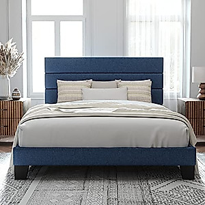 Allewie Queen Size Platform Bed Frame with Fabric Upholstered Headboard and Wooden Slats Support, Fully Upholstered Mattress Foundation/No Box Spring Needed/Easy Assembly, Navy Blue