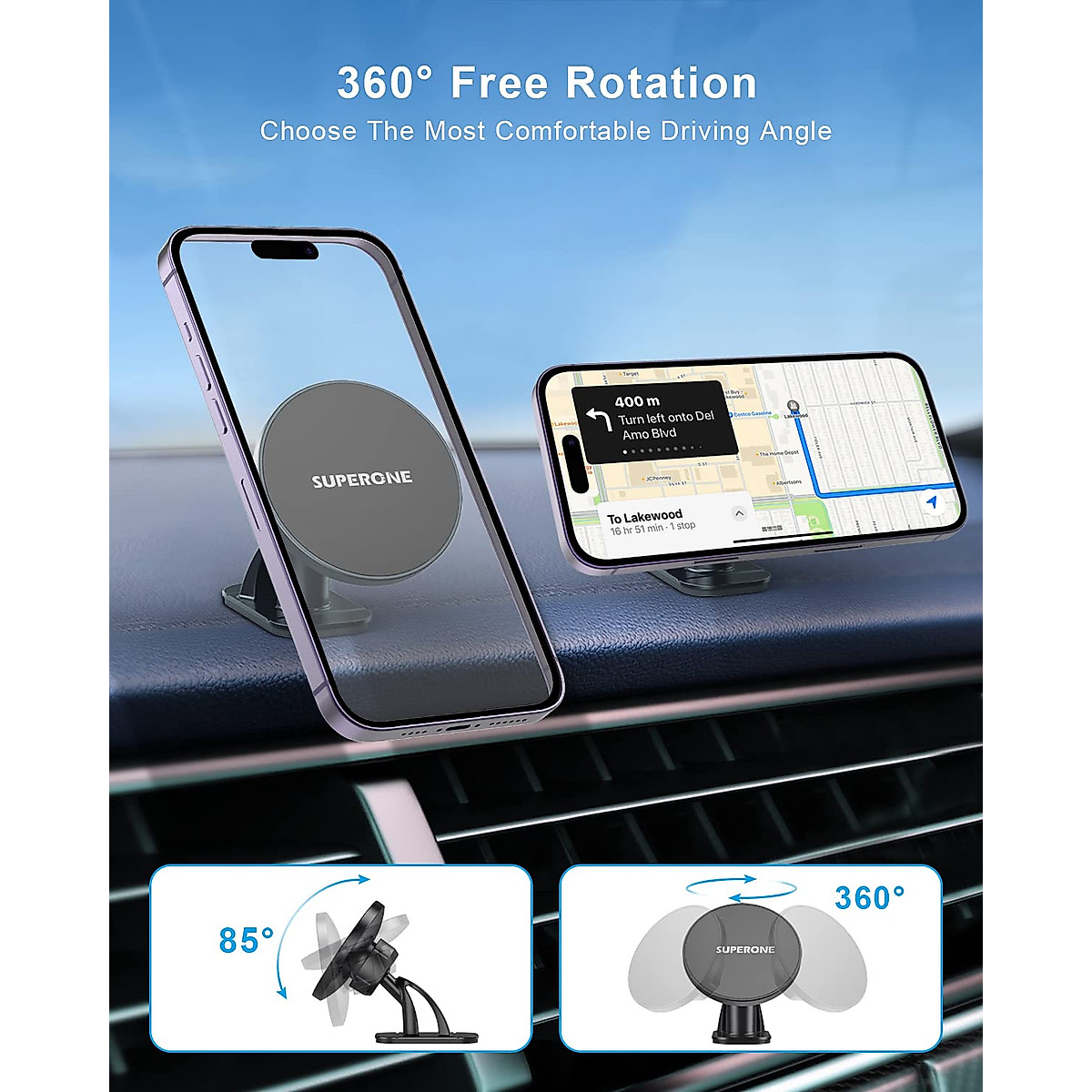 SUPERONE for MagSafe Car Mount, Strong [Never Drop] Magnetic Phone Holder for Car Dash, HandsFree 360° Rotation Phone Mount [Strongest 3M Adhesive] for iPhone 15 14 13 12 & MagSafe Case - Black
