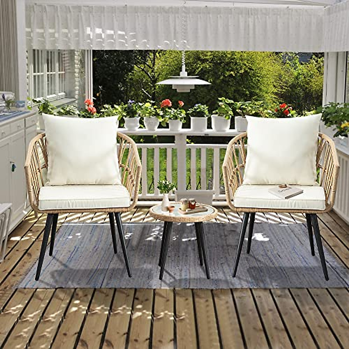 IJIALIFE 3 Pieces Patio Bistro Sets, Patio Conversation Chairs Outdoor Wicker Rattan Furniture Set with Soft Cushions Glass Side Table for Backyard Balcony Deck