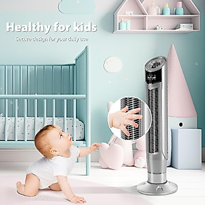 Antarctic Star Tower Fan 360°Oscillating Fan Quiet Cooling 24H Timer Remote Control Powerful Standing 8 Wind Speed 3 Wind Modes Ionizer Mode Bladeless Portable LED Display,Bedroom 40-Inch SILVER