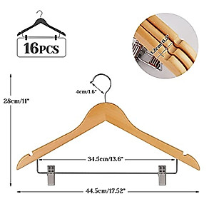 HOUÍSM 16Pack Wooden Hangers Skirt Hangers with Clips, Solid Wood Pants Hangers Natural Smooth Finish High-Grade Selected Wood Hangers with Sturdy Metal Clips for Blouse Dress Coat Jacket