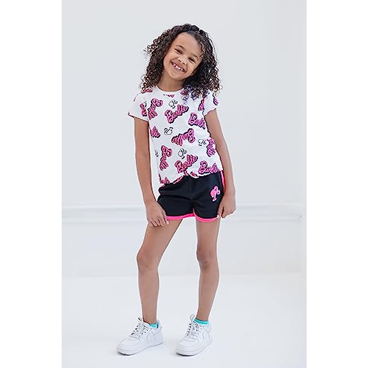 Barbie Little Girls T-Shirt and Dolphin Active Shorts Outfit Set Pink/Black 7-8