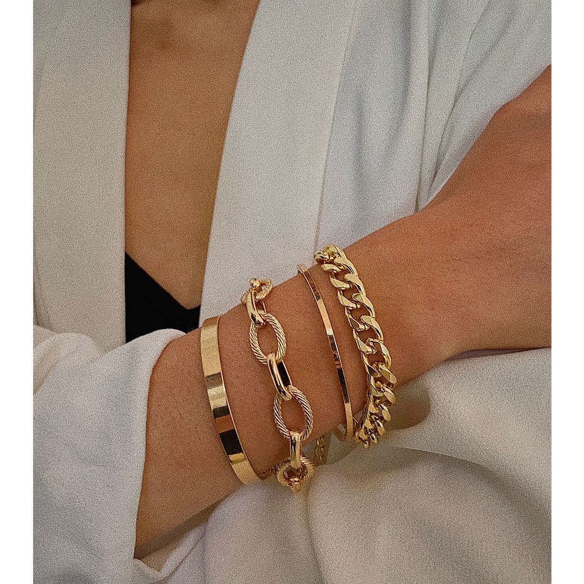 Kercisbeauty 4pcs Women Fashion Cuff Link Bracelet Set Punk Miami Cuban Link Chain Bracelet Party Jewelry (Gold)