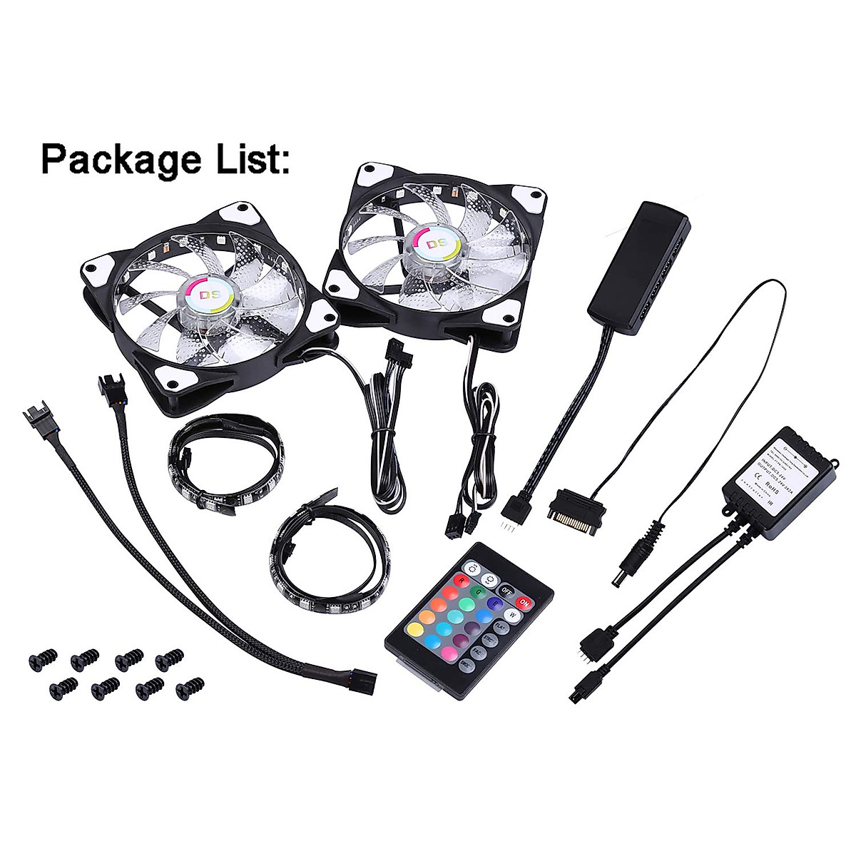 DS 2Pack 120MM RGB Case Fans with PC LED Strip Lighting, LED Silent Fans for Computer Cases, PC Case, CPU Cooler, Support to Aura or Mystic Light RGB SYNC (F Series)