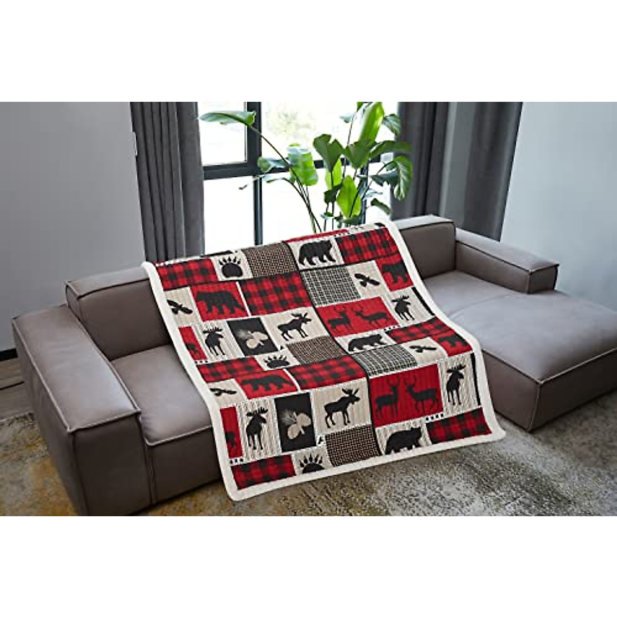 Virah Bella Quilted Lodge Life Rustic Sherpa Throw Blanket for Couch - 50" x 60" - Lightweight Throw Quilt