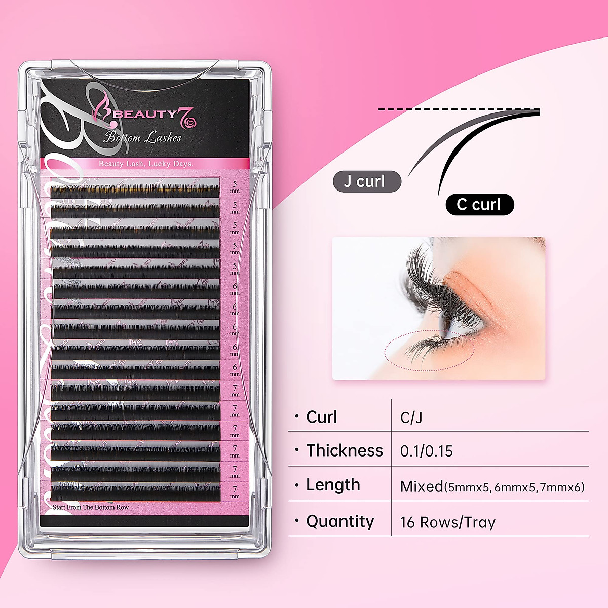 Beauty7 Mixed Volume Under Bottom Lower Individual False Eyelash Extension Tray Matte Synthetic Mink Curl J 0.15mm Thickness 5/6/7mm Length