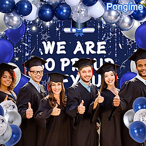 Pongime Graduation Party Decorations 2024, We Are So Proud Of You Decorations for Men Women, Navy Blue Silver Graduation Decorations Congrats Class of 2024 Banner Grad Party Supplies Balloons Arch Kit