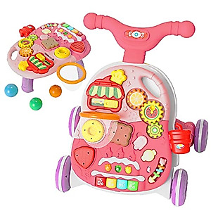 Eners Sit to Stand Baby Learning Walker with Wheels, Baby Activity Walker, 2 in 1 Baby Push Walkers and Activity Center, Walker for Baby Boy Girl (Pink)