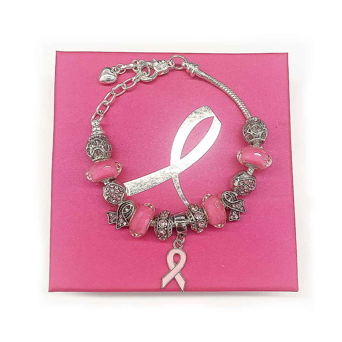 Yuvinw Pink Ribbon Breast Cancer Awareness Bracelet With Gift Box For Women