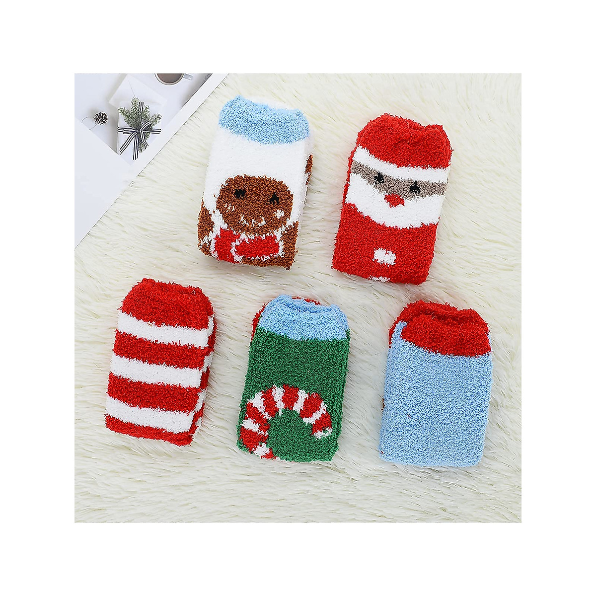 Century Star Womens Fuzzy Socks with Grips Hospital Socks Non Slip Slipper Socks Athletic Fluffy Cozy Gripper Yoga Pilates Socks for Christmas 5 Pairs Chriatmas Set