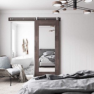 SMARTSTANDARD 6 Feet Top Mount Sliding Hardware Kit with 12'' Pull and Flush Handle Set and Adjustable U Shape Barn Door Floor Guide