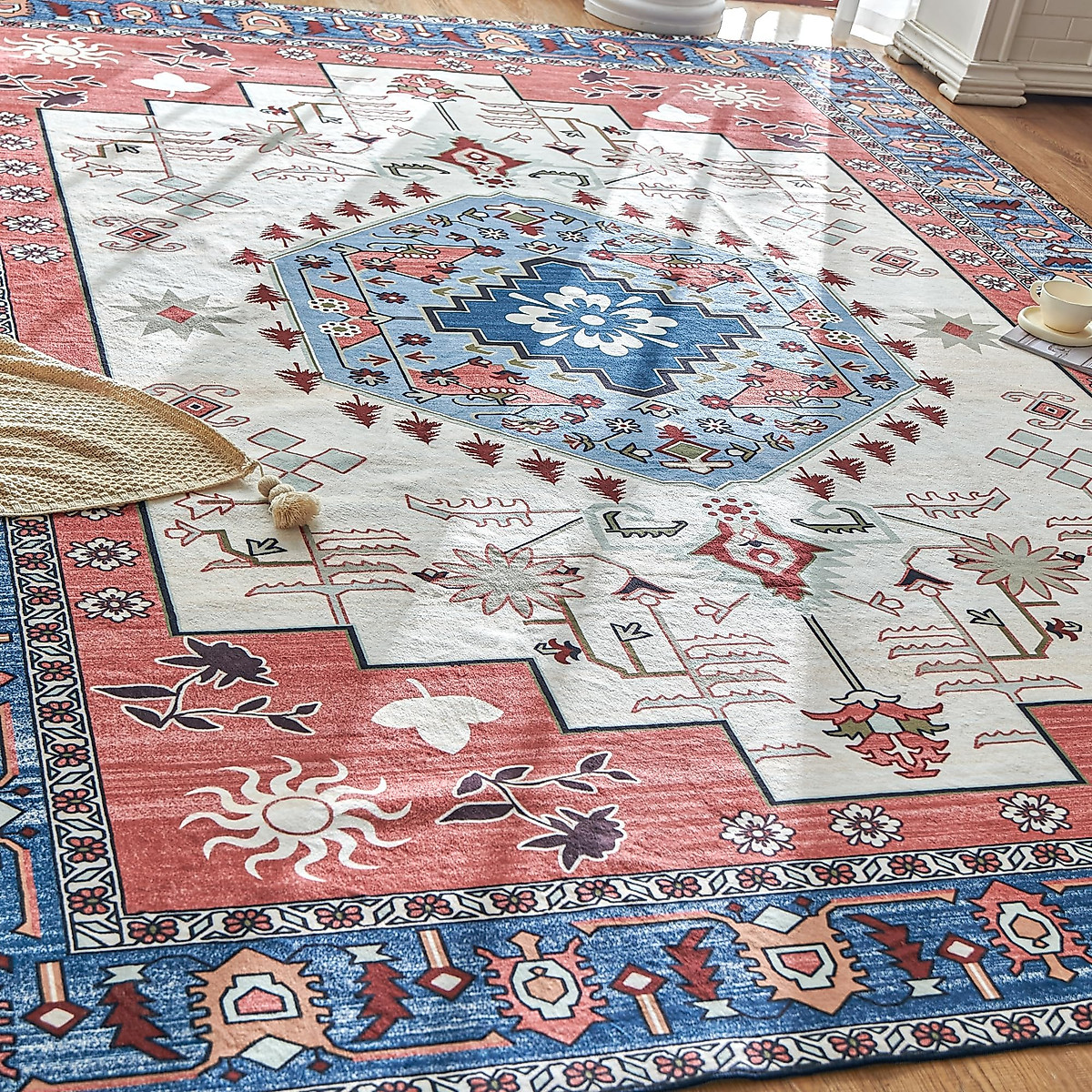 CHOSHOME Washable Rug 8x10 Vintage Boho Medallion Area Rugs with Non-Slip Backing Soft Stain Resistant Non-Shedding Low-Pile Floor Carpet Mat for Living Room Bedroom Kitchen Home Office,Red