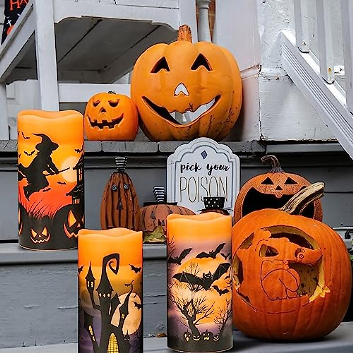 DRomance Halloween LED Flameless Pillar Candles Battery Operated with 6 Hour Timer Set of 3 Orange Wax Warm Light Flickering Witch Bats Castle Spooky Decals Halloween Decor Gifts(3 x 6 Inch)