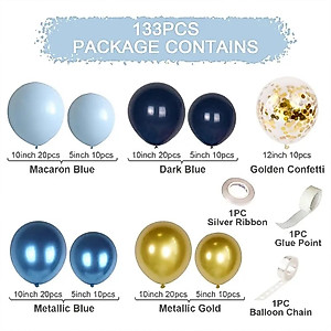 KIZZHISI 133PCS Navy Blue Balloon Garland Arch Kit, Metallic Blue and Macaron Blue Balloons, Gold Confetti and Metallic Gold Balloons Arch for Birthday Party Decorations, Wedding, Bridal Shower