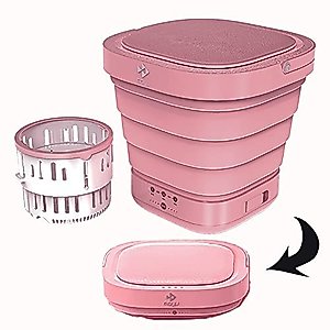 Foldable Portable Mini Washing Machines - Silica gel Bucket Type Portable Washing Machine Dehydrator,Suitable for Baby Clothes Students and Travel Self-Driving 110V-220V RSXS (Upgraded version Pink+Dehydration)