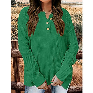 ZESICA Women's 2023 Casual V Neck Sweater Loose Long Sleeve Waffle Knit Button Henley Pullover Jumper Top,Green,Small