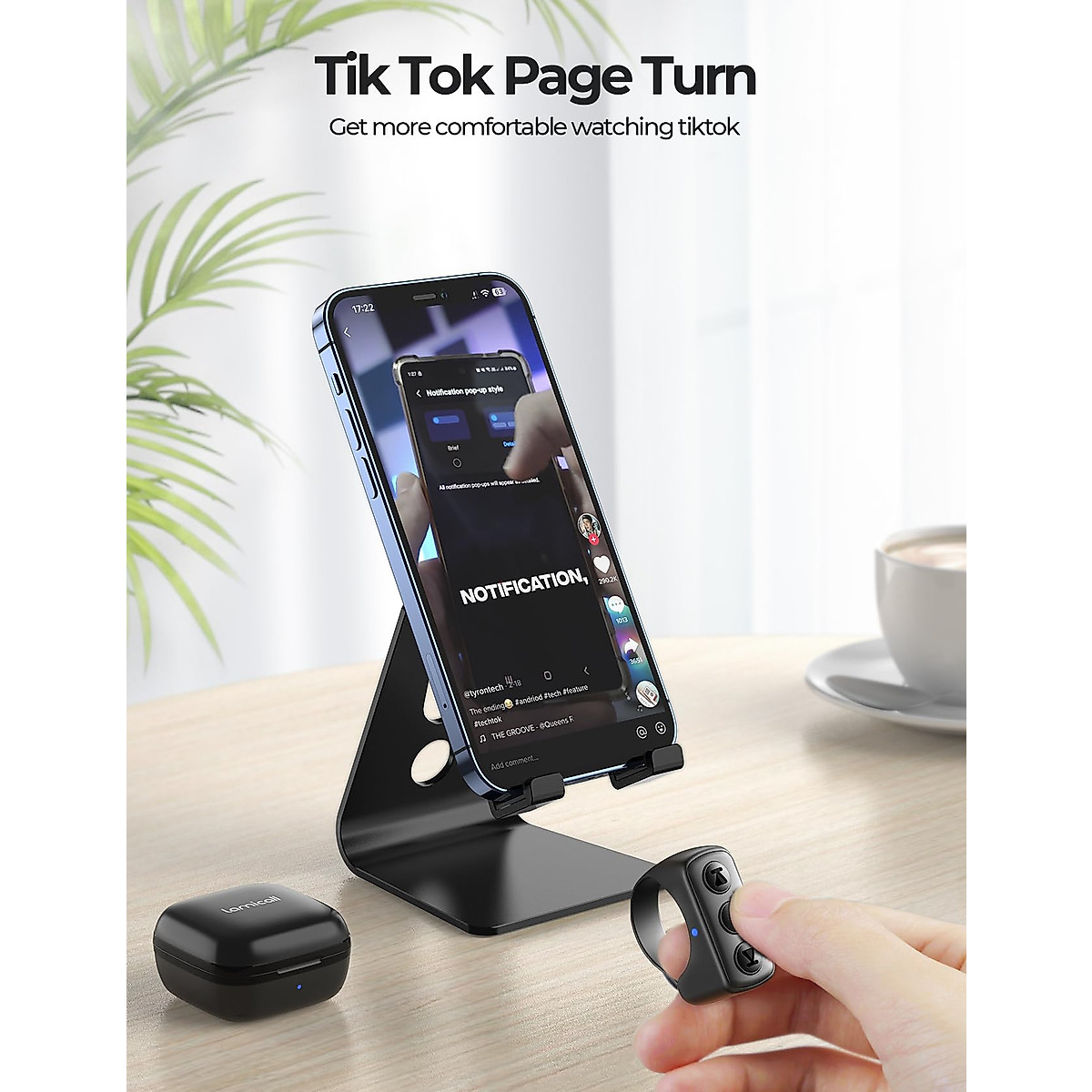 Phone Remote Control for TikTok - Lamicall Cell Phone Camera Bluetooth Controller for Video Recording, Kindle App Page Turner, TIK Tok Scrolling Ring Remote, for iPhone, iPad, iOS, Android, Black