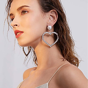 Xerling Pearl Crystal Rhinestones Love Heart Dangle Earrings Statement Wedding Drop Earrings for Women and Girls Bohemian Sparkly Jewelry Hoop Earring