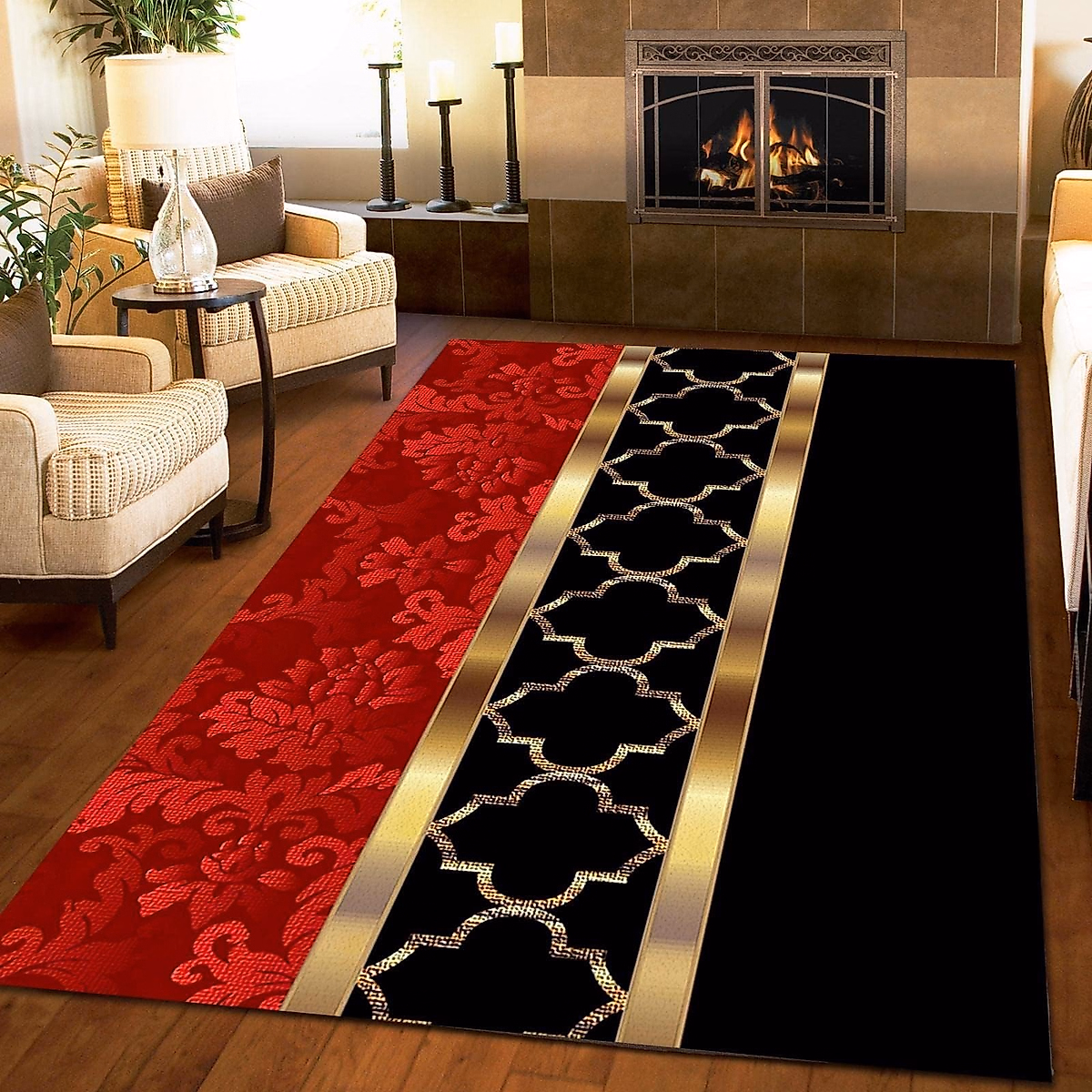 KOXAILI 3' x 4' Modern European Style Luxury Art Area Rug, Black and Red Gold Splicing Geometry Large Indoor Rug with Non-Slip Backing Machine Washable Living Room Rug for Bedroom Dining Room Office