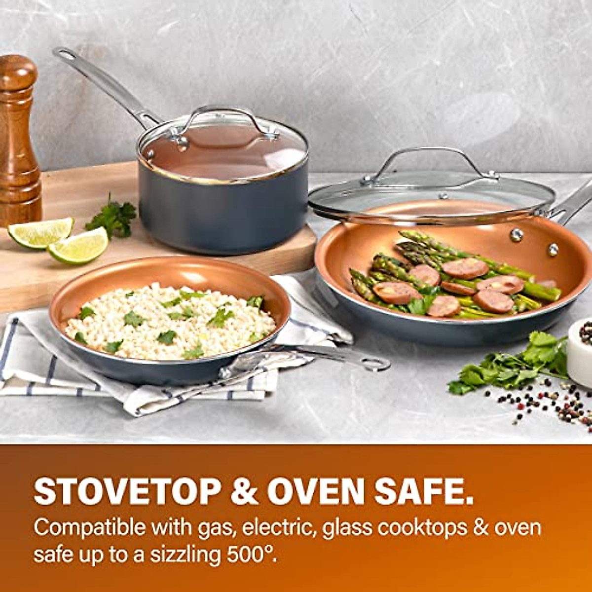 GOTHAM STEEL 5 Piece Kitchen Essentials Cookware Set with Ultra Nonstick Copper Surface Dishwasher Safe, Cool Touch Handles- Includes Fry Pans, Stock Pot, and Glass Lids, Original