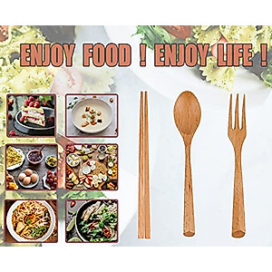 9 Pieces Wood Flatware Set Japanese Style Utensils Wooden Tableware Spoon Travel Cutlery Chopsticks Fork for Eating Portable High Heat Resistant Kitchen Home Camping Picnic School Students