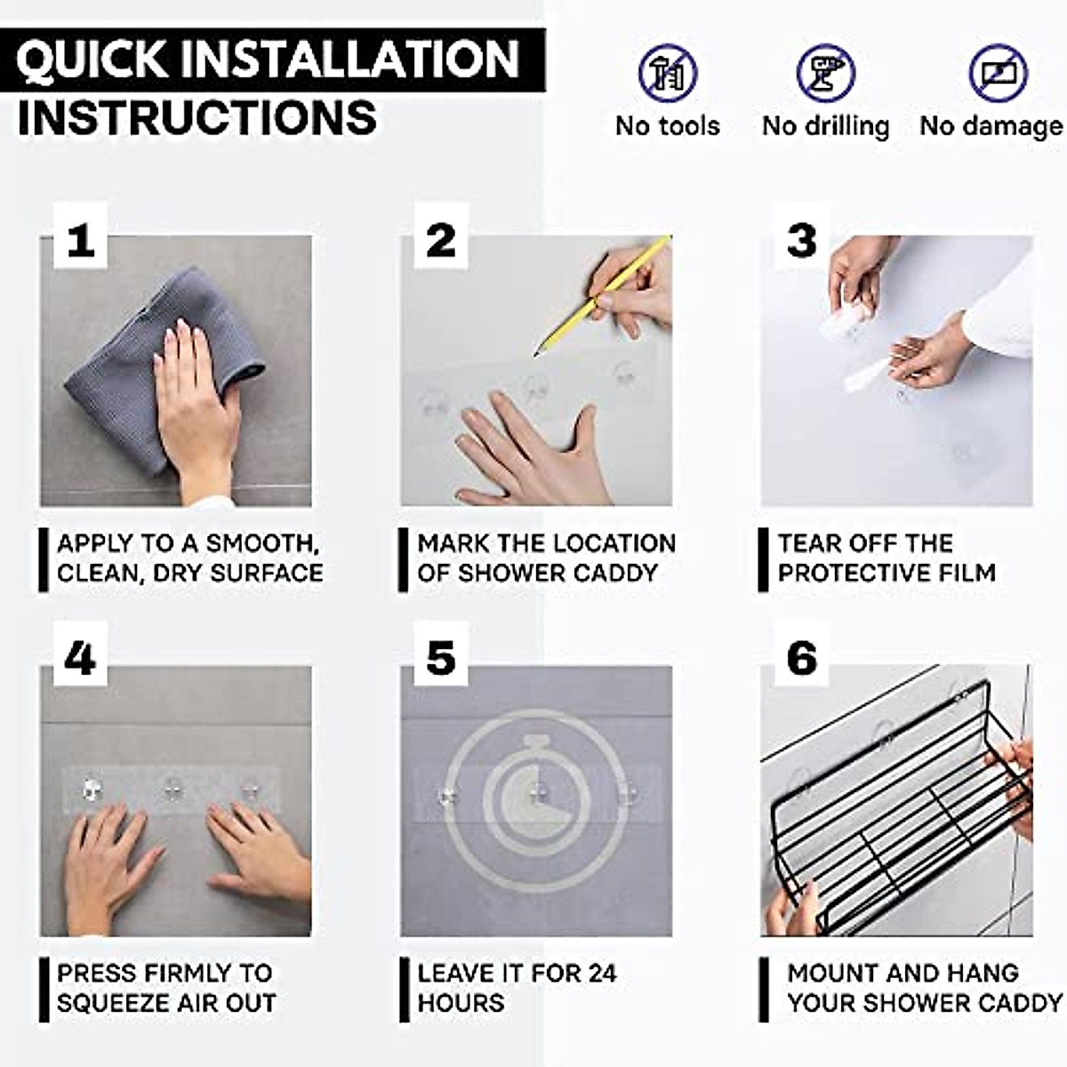 4-Pack Shower Caddy, No Drilling Adhesive Shower Shelf, Rustproof Stainless Steel Bathroom Shower Organizer Storage, Shower Shelf for Inside Shower & Kitchen Storage, Black