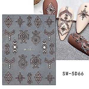 Retro Lace Nail Art Stickers Decals, 4 Sheets 5D Stereoscopic Embossed Flower Nail Art Supplies White Bronze Mandala Star Moon Designer Nail Decals for Women Acrylic Nail Decor DIY Decorations