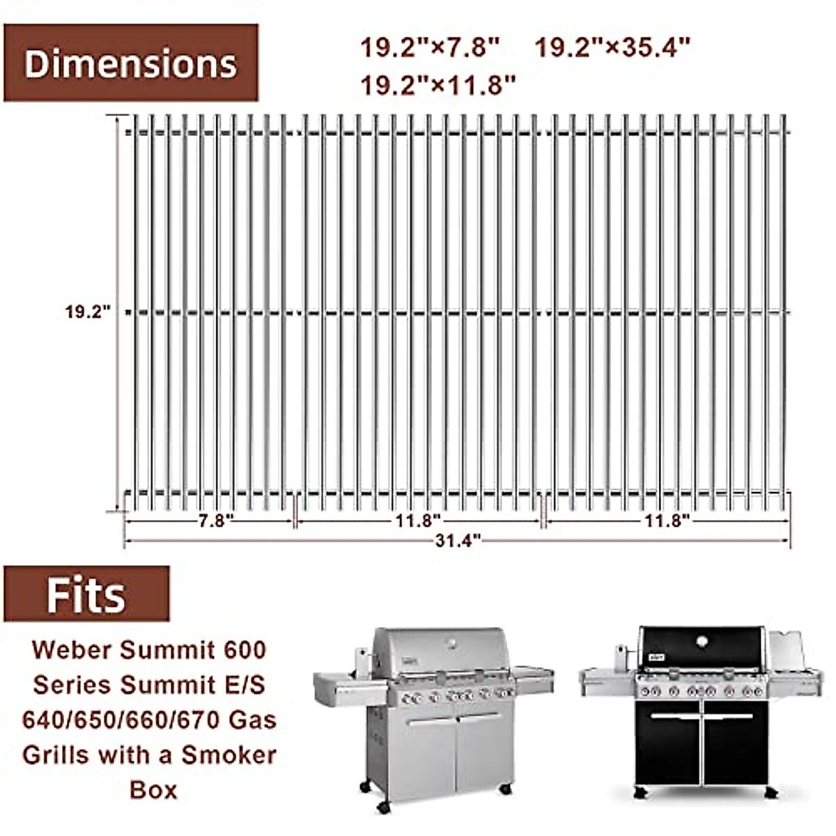 QuliMetal 304 9MM Stainless Steel Cooking Grates Replacement Parts for Weber Summit 600 Series Summit E/S 640 650 660 670 Gas Grills with a Smoker Box - Set of 3