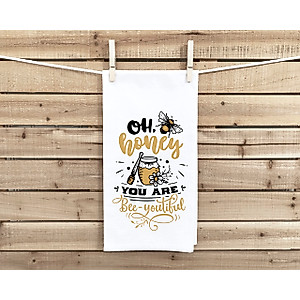 Honey Bee Kitchen Towels with Hanging Loop - Set of 5 100% Cotton Flour Sack Hand Towels - Home Decor Housewarming Hostess Mother's Day Gift for Bee Lover
