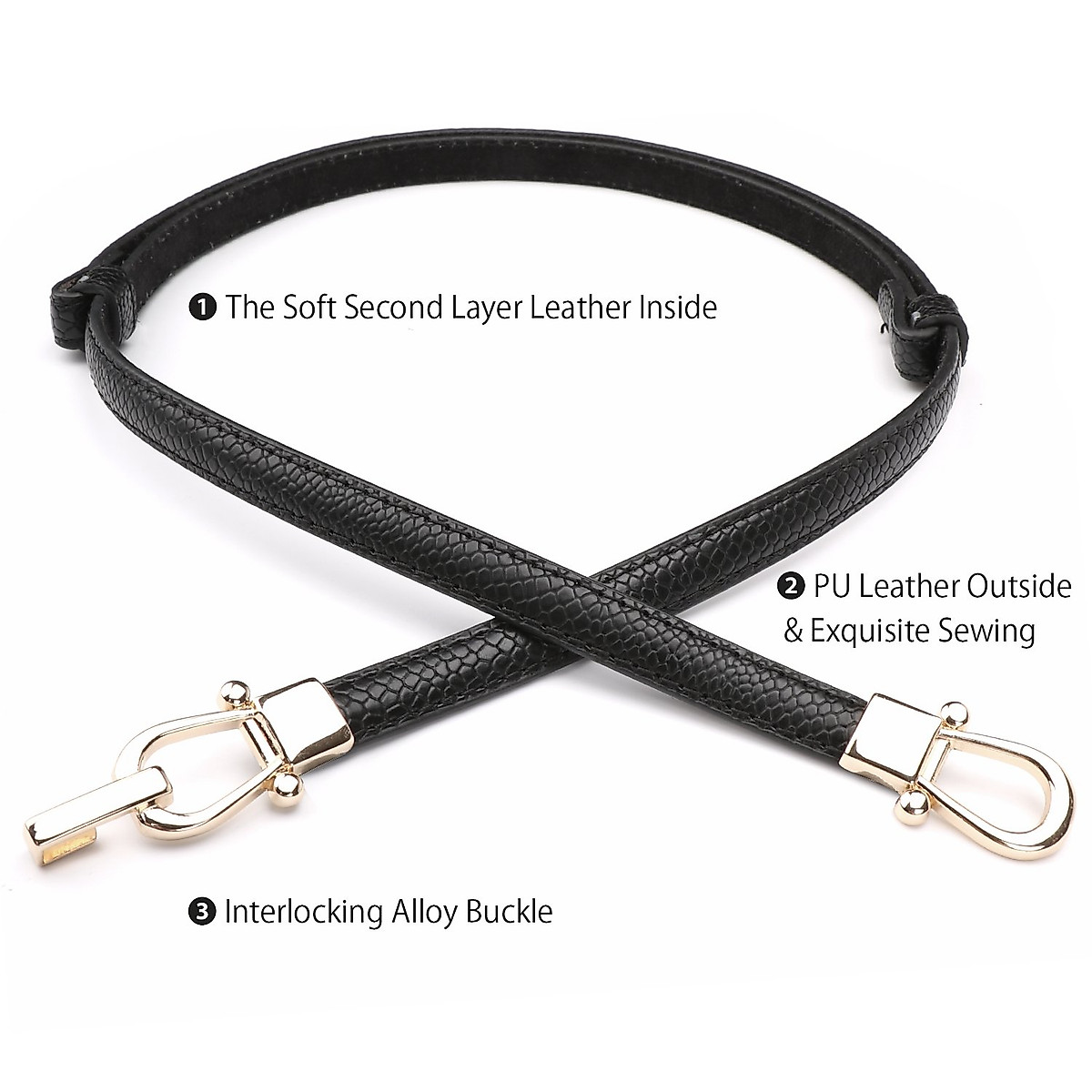 JASGOOD Leather Skinny Women Belt Thin Waist Belts for Dresses up to 37 Inches with Golden Buckle 2 Pack(Black+White,Waist Size Below 37 Inches)