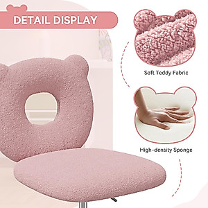 Nebuaegis Bear Kids Desk Chair with Wheels& Back, Adjustable Armless Child Study Chair, Cute Teddy Fabric Office Chair, Vanity Makeup Chair for Girl & Lady in Bedroom Reading Living Room,Pink