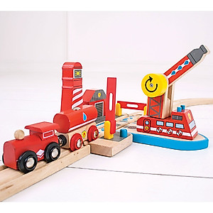 Bigjigs Rail, Fire and Sea Rescue, Wooden Toys, Bigjigs Train Accessories, Rescue Vehicles Toys, Train Toys, Wooden Crane for Train Set, Wooden Toys for 3 4 5 Year Olds