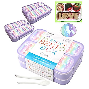 kinsho Unicorn Lunch Boxes for Girls, 4 Compartment Bento-Box Lunch-Box for Kids, Toddlers School Daycare Travel Snack Containers, Utensils, Rainbow Unicorns 2 PACK Set