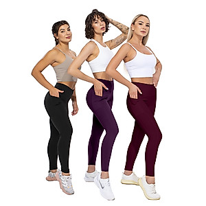 CHRLEISURE Leggings with Pockets for Women, High Waisted Tummy Control Workout Yoga Pants(5 Packs, Black,Gray,Green,Purple,Cassis, S)