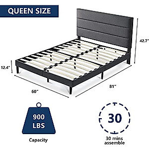 Molblly Queen Bed Frame with Headboard, Upholstered Platform Bed Frame, No Box Spring Needed, Non-Slip and Noise-Free, Easy Assembly, Dark Grey