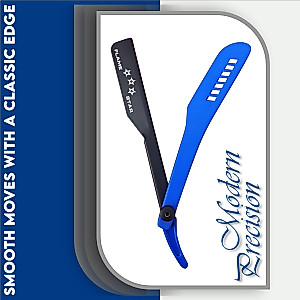 Royal Blue Black Straight Edge Barber Razor, Durable Plastic Handle Slide out Razor for Men with 10 Blades by "FLAME STAR''